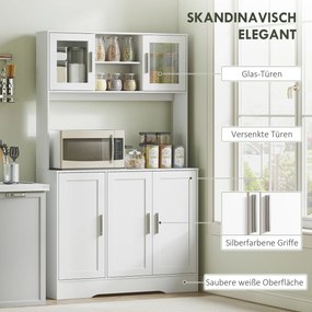 HOMCOM Vysoká Kuchyňská Skříň s Pultem a Nastavitelnými Policemi, 5 Dveří, Potravinová Skříň se Skleněnými Dveřmi, Skandinávský Design, Bílá