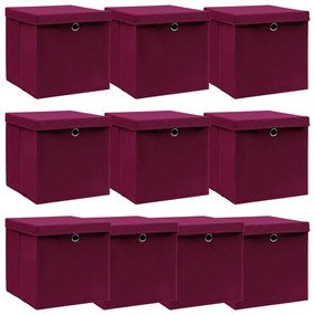 Úložné boxy s víky 10 ks tmavě červené 32 x 32 x 32 cm textil 288344