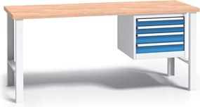 Pracovní stůl do dílny G3 se závěsným boxem na nářadí, buková spárovka, 4 zásuvky, pevné kovové nohy, 1700 mm, modrá