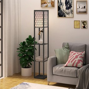 HOMCOM Stojací lampa s policemi Stojací lampa, interiérové osvětlení, E27, do 40W, do obývacího pokoje/ložnice, dřevo, černá, 26x26x160 cm