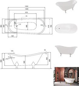 Besco Otylia vana volně stojící 160 x 77 cm nožičky černá barva bílá VANMER160B