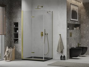 Mexen Lima, sprchový kout se skládacími dveřmi 80 (dveře) x 100 (stěna) cm, 6mm čiré sklo, chromový profil + slim sprchová vanička černá + zlatý sifon, 856-080-100-50-00-4070G