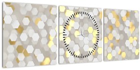 Obraz - Zlato-bílé hexagony (s hodinami) (90x30 cm)