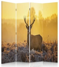 Ozdobný paraván Západ slunce s jelenem - 145x170 cm, čtyřdílný, obustranný paraván 360°