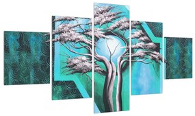 Orientální modrý obraz stromu a slunce (125x70 cm)