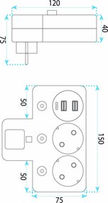 Toolight Toolight, JNH017, zásuvkový rozbočovač 2 zásuvky + 2× USB-A + USB-C s LED světlem, černá, OSW-56308