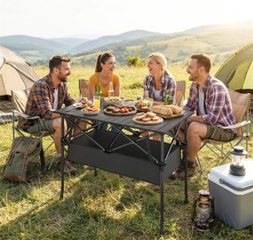 Outsunny Skládací pojízdný piknikový stůl Přenosný kempinkový stůl se síťovaným podnosem a taškou na přenášení pro venkovní použití, černý