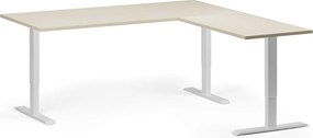 Rohový výškově nastavitelný stůl, 180x180 cm, 3 motory, L/P, bílá podnož, bříza