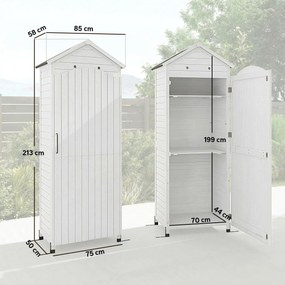 Outsunny vysoká zahradní skříň ze smrku s nastavitelnými policemi, magnetickými dveřmi a pozinkovanou střechou, 85 × 58 × 213 cm — bílá