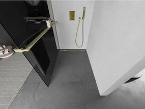 Mexen Kioto+ L, sprchová zástěna Walk-In s poličkou a věšákem 70 x 200 cm, 8mm šedé sklo, zlatý matný profil, 800-070-123-55-40