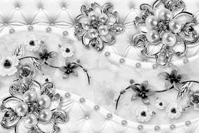 Tapeta květiny a perly černobílé - 225x150 cm
