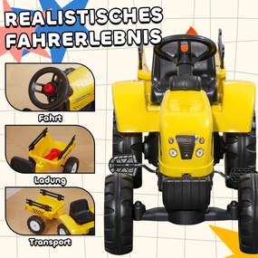 HOMCOM Pedálový Traktor s Přívěsem - Pedálové Auto pro Děti od 3 Let do Zahrady, Železný Žlutý 133 x 42 x 51 cm