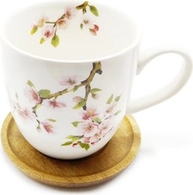 Porcelánový hrnek Sakura s akáciovým podšálkem, 350 ml – s motivem růžových květů a japonskou elegancí