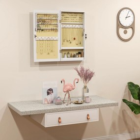 HOMCOM Zrcadlový šperkový kabinet na zeď, Šperková skříň s uzamčením, Zrcadlo v MDF pro ložnici a obývací pokoj, 36,5 x 9,5 x 67 cm, Bílá
