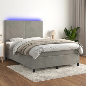 Box spring postel s matrací a LED světle šedá 140x200 cm samet 3136005