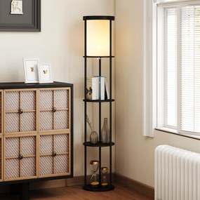 HOMCOM Stojací lampa s 3 policemi, kulatý design, dálkové ovládání, nožní spínač, nastavitelná teplota světla, pro obývací pokoj, černá
