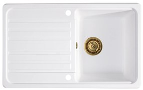 Sink Quality Sapphire, kuchyňský granitový dřez 755x460x190 mm + zlatý sifon, bílá, SKQ-SAP.W.1KDO.XG