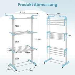 Costway 3 Tier Folding Clothes Airer Modrá + Bílá + – 127 × 63 × 171 cm