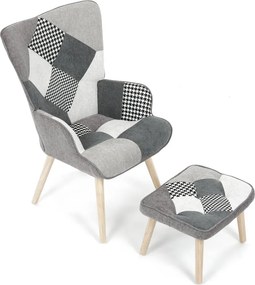 Relaxační křeslo ušák LISA + taburet — masiv, látka, černobílý patchwork