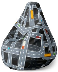 Sedací vak Pear dětská autodráha, šedá / černá