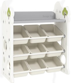AIYAPLAY Dětský regál 4-patrový regál na hračky s 9 vyjímatelnými boxy, police, háčky, regál do dětského pokoje, do školky, herny, 77 x 42 x 94 cm, k…
