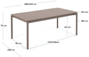 Matně hnědý kovový zahradní rozkládací stůl Kave Home Zaltana 180/240 x 100 cm