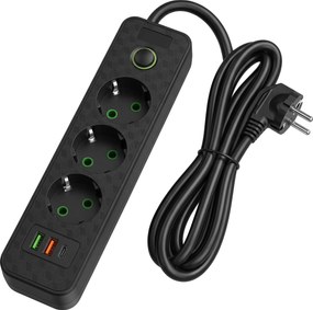 Toolight Toolight, JNH020-3A, prodlužovací lišta 3 zásuvky + 2× USB-A + USB-C, 1,8 m, černá, OSW-56303