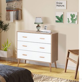 HOMCOM Dřevěná Komoda se 3 Zásuvkami, Vysoká Úložná Skříň Moderní s Vznesenými Nohami pro Ložnici a Obývací Pokoj 80x39x80 cm Bílá a Přírodní