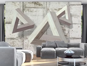Fototapeta Současné složení - tři dřevěné trojúhelníky na betonovém pozadí