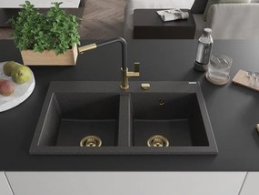 Mexen Hektor, 2-komorový granitový dřez 800x480x205 mm, černá skvrnitá, zlatý sifon, 6521802000-76-G