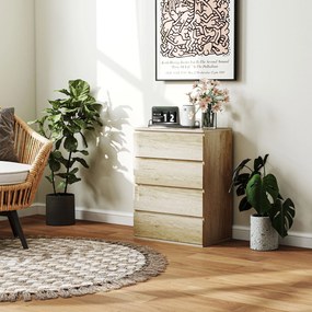 HOMCOM Skříňka se 4 zásuvkami, Moderní úložný kabinet pro ložnici s mechanismem měkkého zavírání – 60 x 40 x 80 cm, Přirodní dřevo