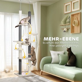 PawHut škrabadlo stropní vysoké, strom pro kočky, 225-255 cm škrabadlo pro kočky s houpacími sítěmi, škrabadla, košík, hrací míč, nábytek pro kočky s…