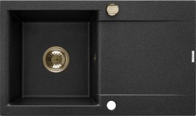 Invena Tesalia, 1-komorový granitový dřez s odkapávačem 760x440x160 mm + zlatý automatický sifon, INV-AZ-01-Z43-B