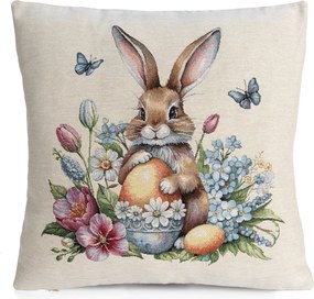 VELIKONOČNÍ GOBELÍNOVÝ DEKORAČNÍ POVLAK NA POLŠTÁŘ BUNNY 45X45 CM VZOROVANÝ