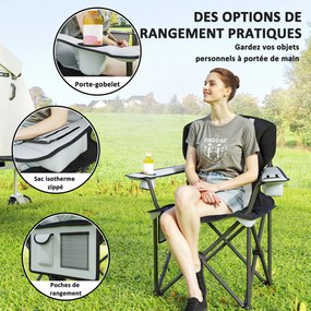 Skládací kempingová židle Outsunny, polstrovaná rybářská židle, nastavitelné opěrky na ruce, držáky na hrnky, boční kapsy a chladící taška, skládací ž