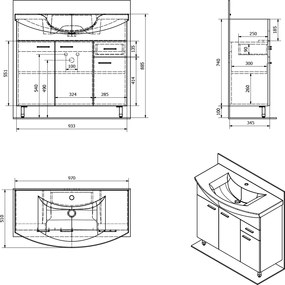 Aqualine Aqualine, ZOJA umyvadlová skříňka 93x74x34cm, bílá, 51094A