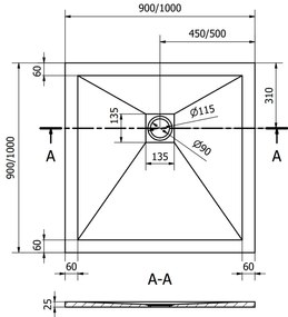 Mexen Stone+, čtvercová vanička z minerálního kompozitu 100 x 100 cm, šedá-betonová, 44611010