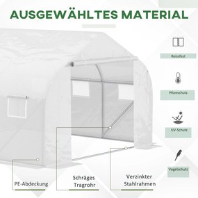 Fóliový skleník Outsunny 3,5x3x3m s UV ochranou, odolný proti větru, síťované okno, ideální pro rajčata a rostliny na zahradě nebo balkoně, kov, bílý…