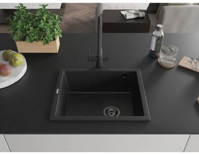 Mexen Pedro, granitový dřez 560x460x200 mm, 1-komorový, černá s černým sifonem, 6508561000-77-B