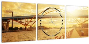 Obraz mostu se západem slunce (s hodinami) (90x30 cm)