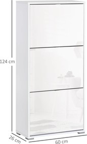 HOMCOM Skříň na boty s 3 výklopnými dvířky a 3 přihrádkami, dřevo 60L x 26Š x 124V cm, vysoce lesklá bílá | Aosom