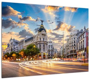 Skleněný obraz - Calle Gran Vía, Madrid, Španělsko (70x50 cm)