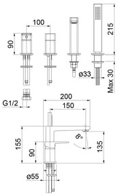 Sapho Sapho, TURSI čtyřprvková baterie na okraj vany, chromová, TI052