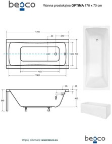 BESCO Obdélníková vana OPTIMA Nožičky k vaně - Bez nožiček, Rozměr vany - 170 × 70 cm - VANOPT17