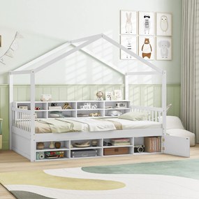 Costway Postel house dětská ve tvaru domečku s ochranou proti pádu a lamelovým