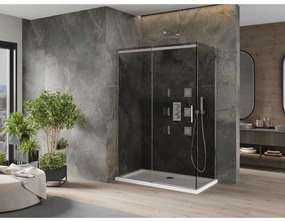 Mexen Omega, sprchový kout s posuvnými dveřmi 140 (dveře) x 80 (stěna) cm, 8mm šedé sklo, chromový profil + slim sprchová vanička bílá + chromový sifon, 825-140-080-01-40-4010