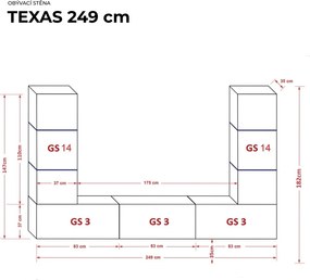 Ral Obývací stěna TEXAS 2, 249 cm - Černý lesk