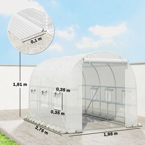 Skleník o rozměrech cca 2,7 x 2 x 2 m Fóliový skleník s policemi Rolovací dveře na zip 6 oken se síťovinou Nosné tyče