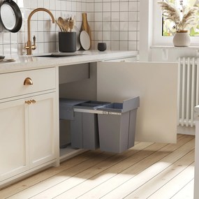 HOMCOM Konstrukce odpadkového koše se 3 odpadními koši pro třídění odpadu, systém lišt, vestavěná, sada 3 odpadkových nádob, šedá