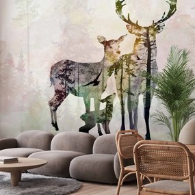 Fototapeta Lesní život - abstrakce s jeleny na pozadí lesa s barevným akcentem